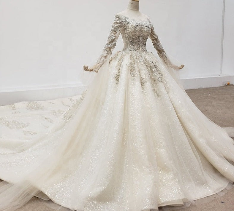 Full Sleeve Illusion Royal Train Wedding Dress Bridal Gowns – sultanti